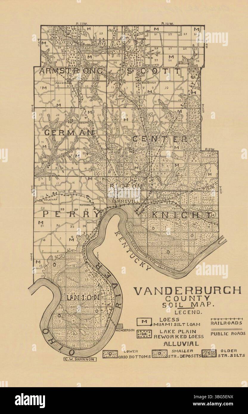 This map from Vanderburgh County, Indiana, shows the distribution of soil types across the ...