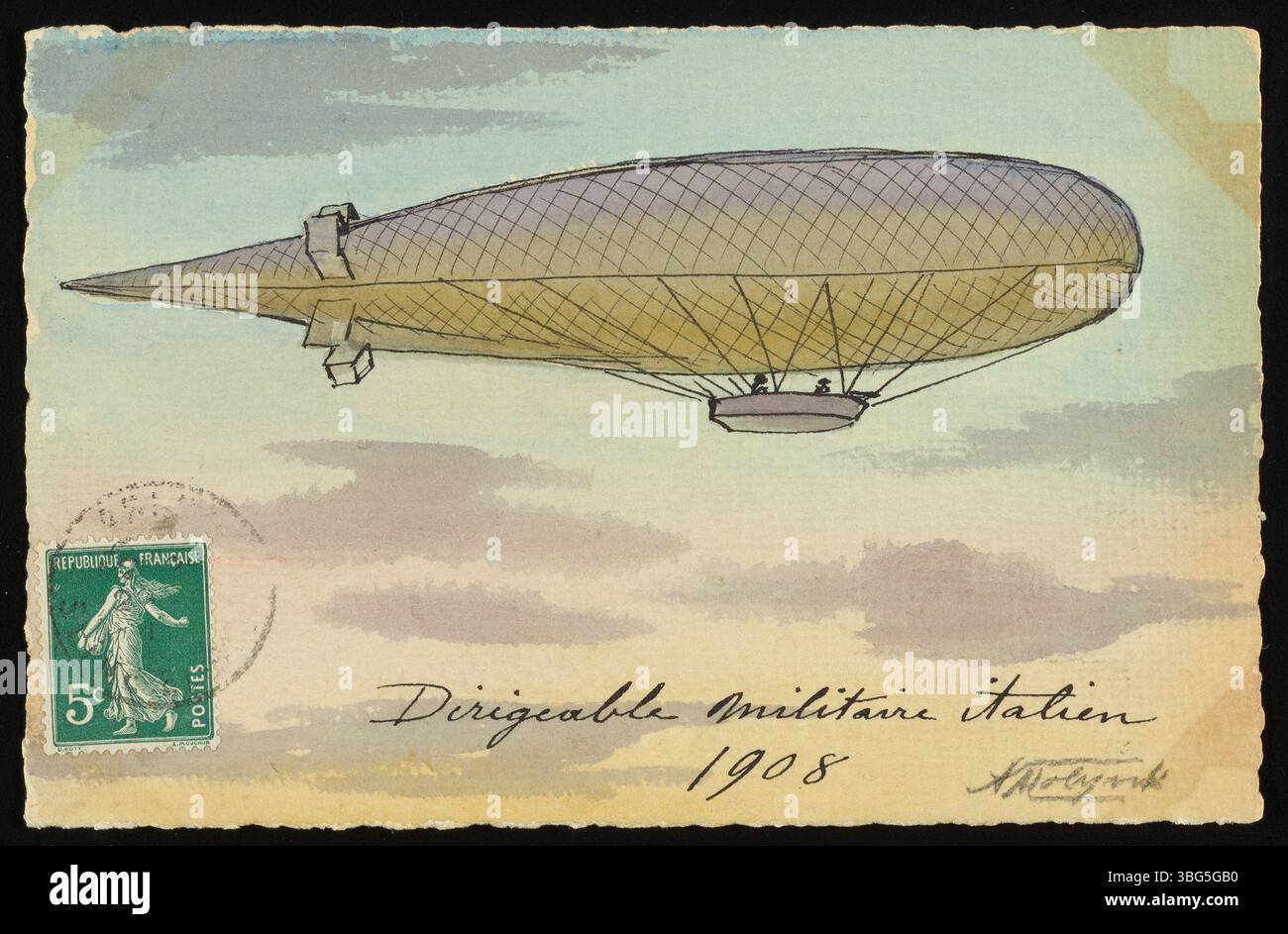 The 1908 Italian military airship, depicted in a 1909 postcard ...