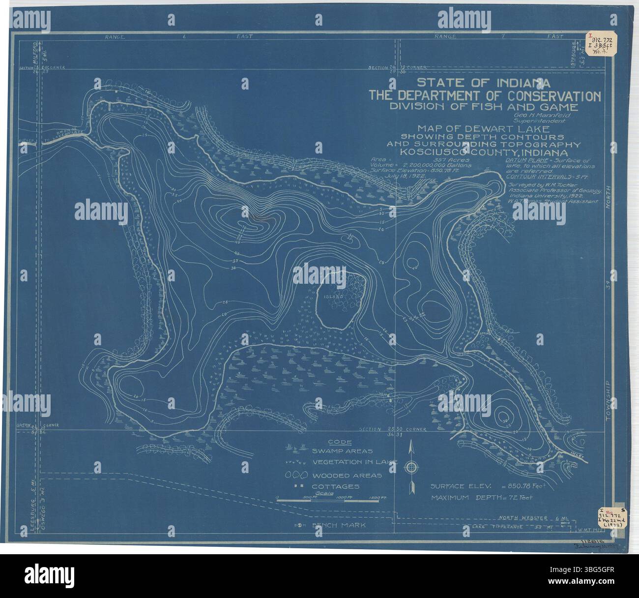 This 1922 blueprint map illustrates the lake depths of Dewart Lake in ...