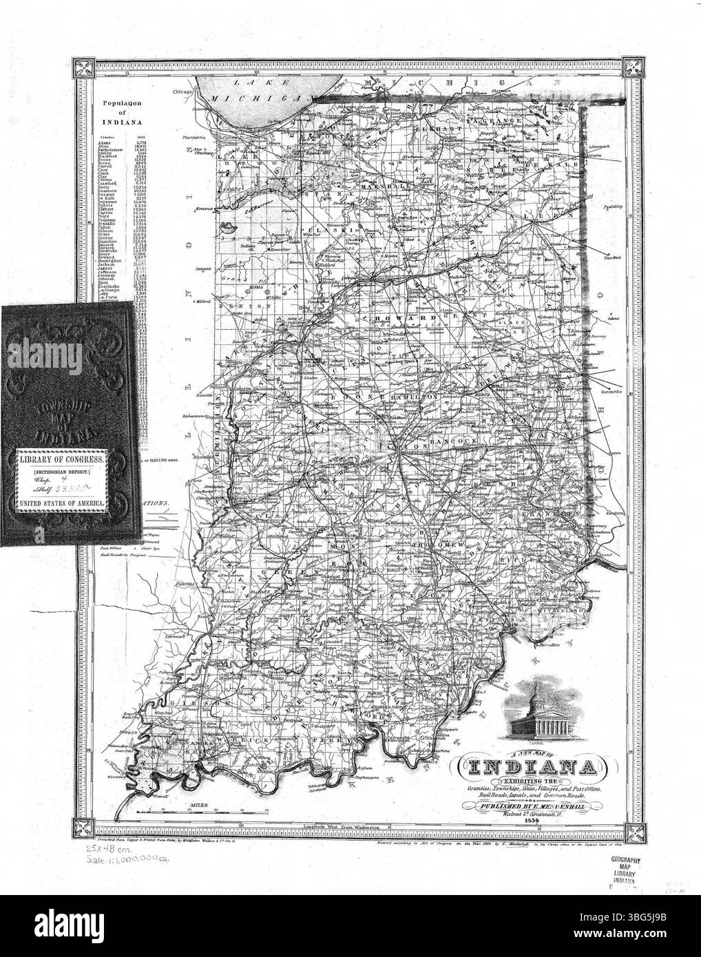 This 1854 map of Indiana displays counties, townships, cities, villages ...