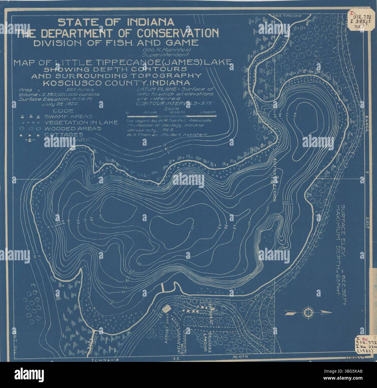 A 1922 blueprint map showing the lake depths of Little Tippecanoe Lake ...
