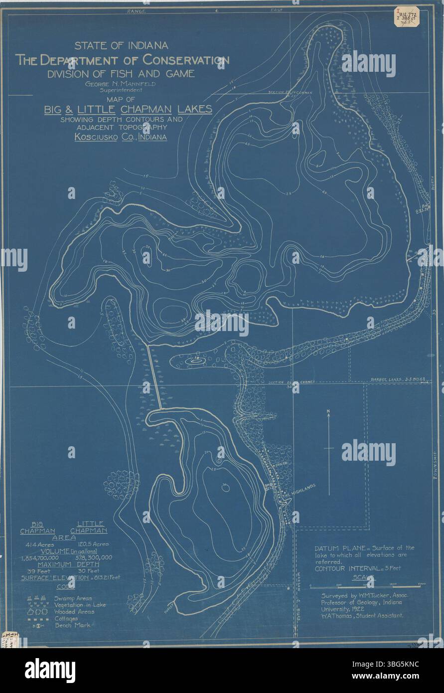 A 1922 blueprint map showing the lake depths of Big and Little Chapman ...