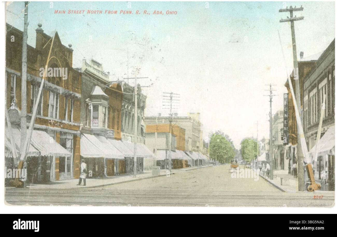 A 1909 view of Downtown Ada, Ohio, showing Main Street facing north ...