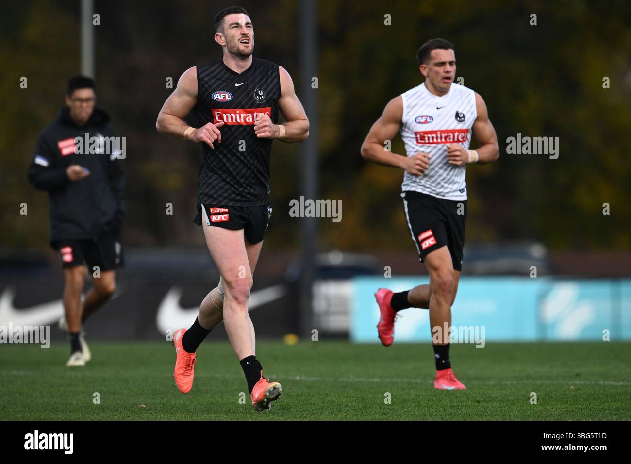 Daniel McStay of Collingwood (centre) and Ash Johnson of Collingwood ...