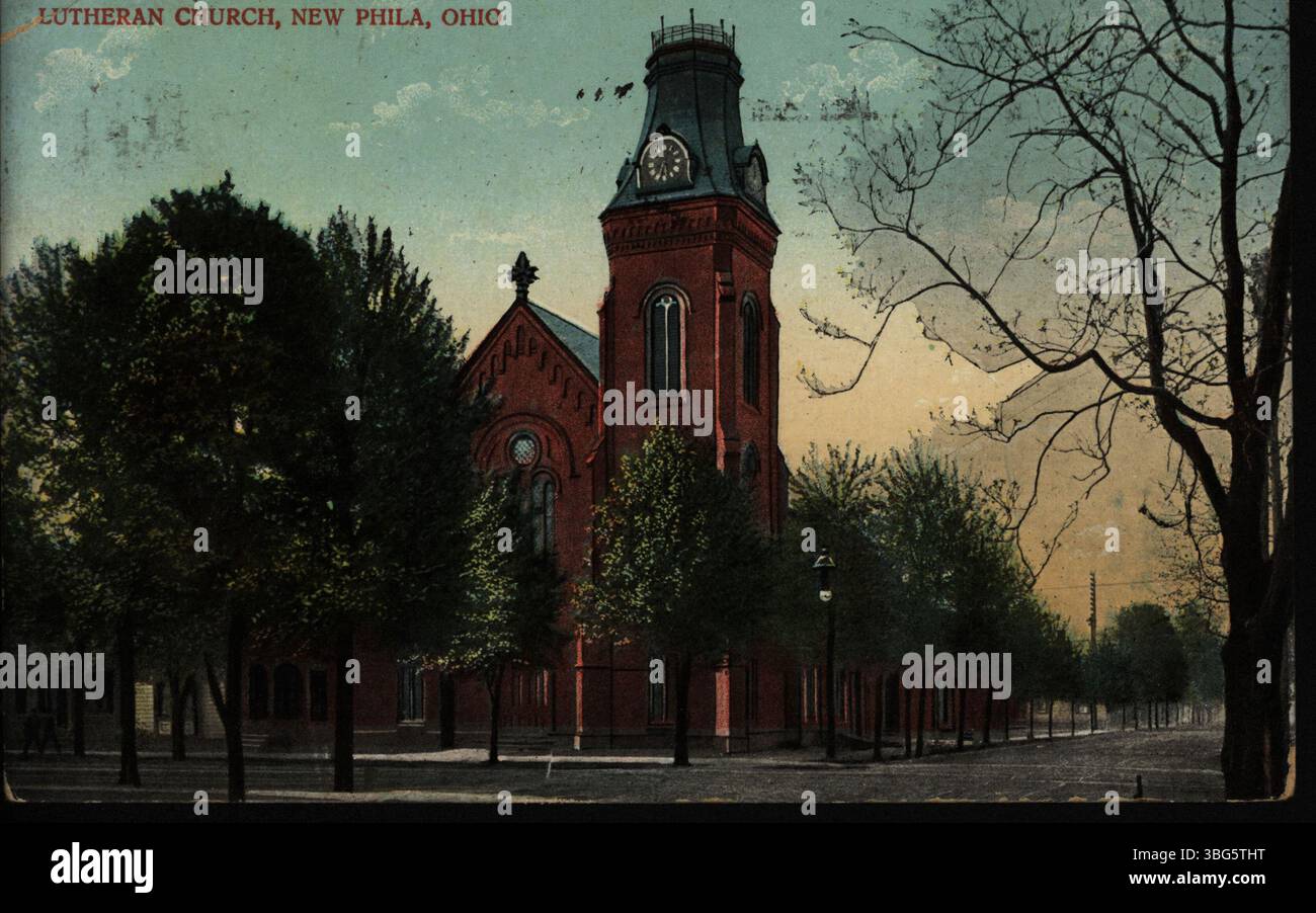 This colorized photograph shows the Lutheran Church in New Philadelphia ...
