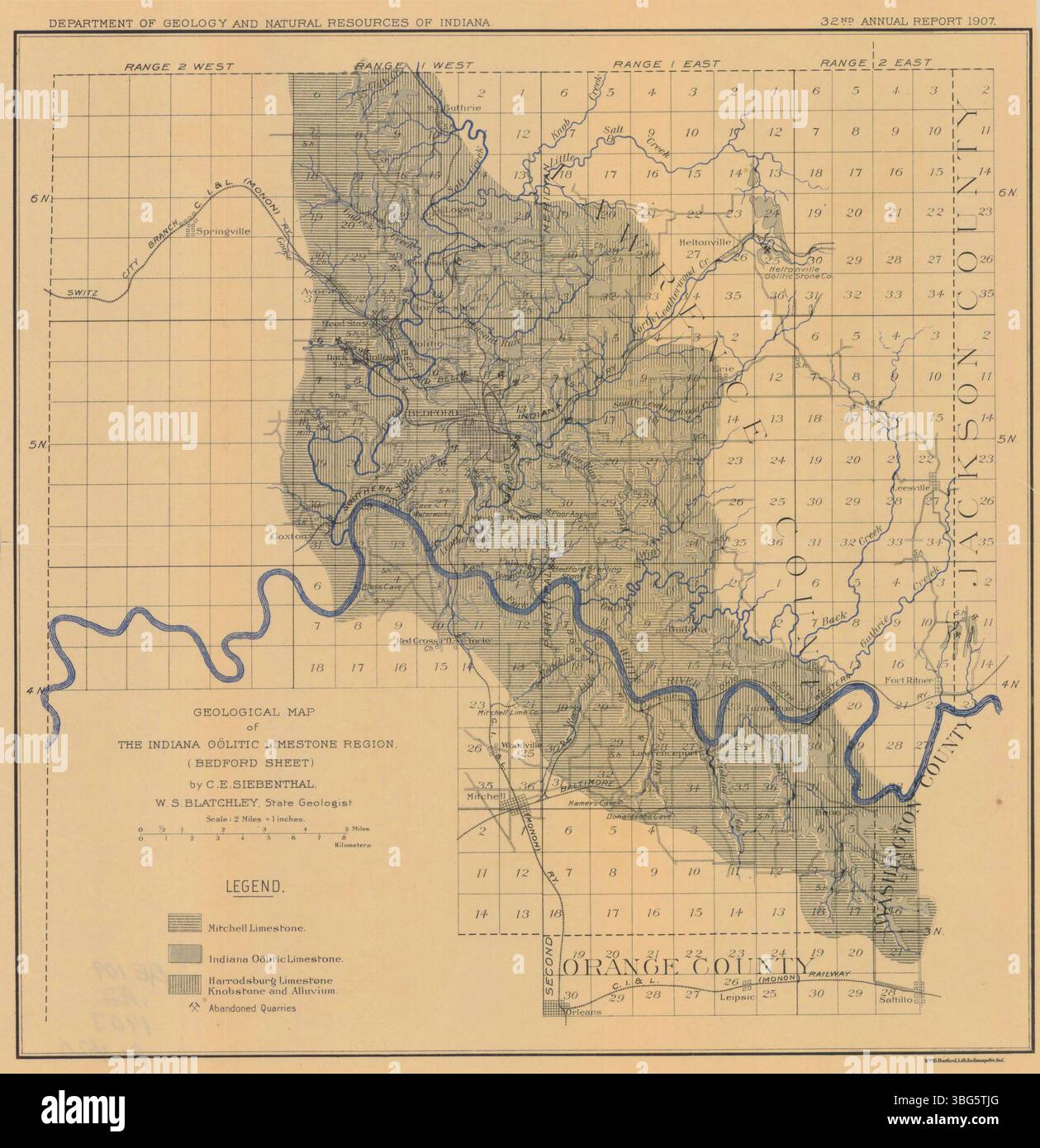 This geological map of the Indiana oolitic limestone region (Bedford ...