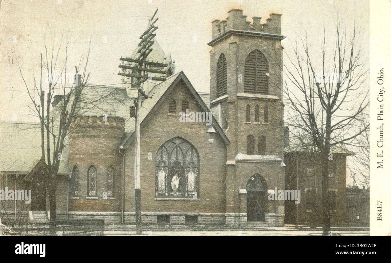 A color postcard featuring the M. E. Church in Plain City, Ohio ...
