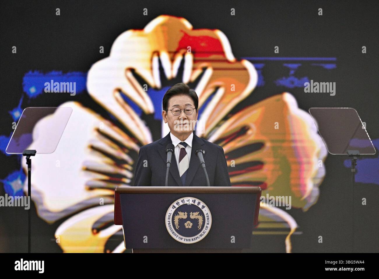 South Korea's newly-elected President Lee Jae-myung delivers a speech after taking his oath ...