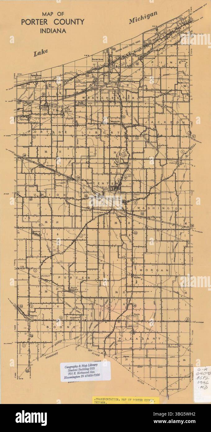 This map of Porter County, Indiana, includes roads, railroads, towns ...