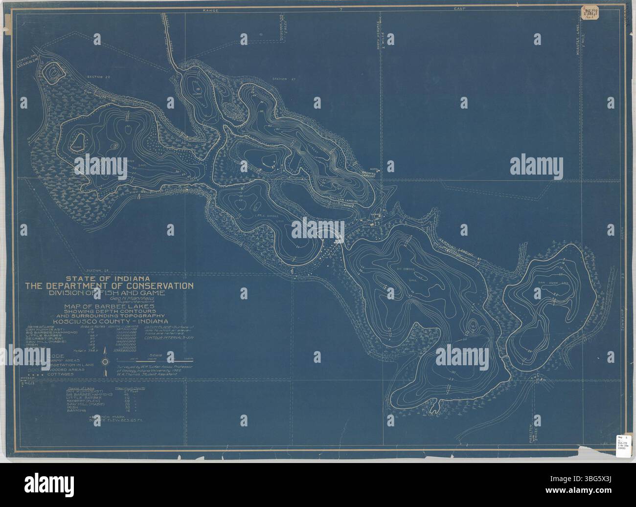 A 1922 blueprint map showing the lake depths of the Barbee Lakes in ...