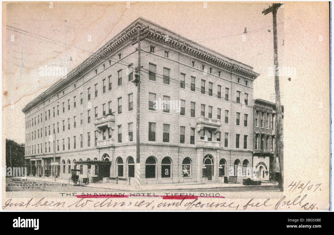A 1907 photograph of the Shawhan Hotel in Tiffin, Ohio, showing the ...
