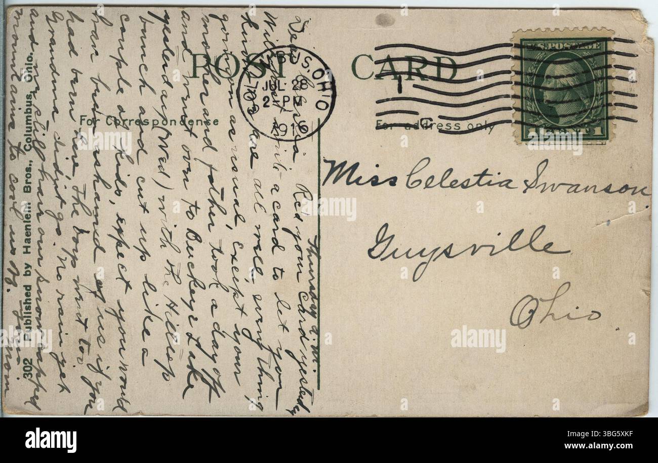 A 1916 colorized image of the Rustic Bridge and lake at Schiller Park in Columbus, Ohio Stock ...