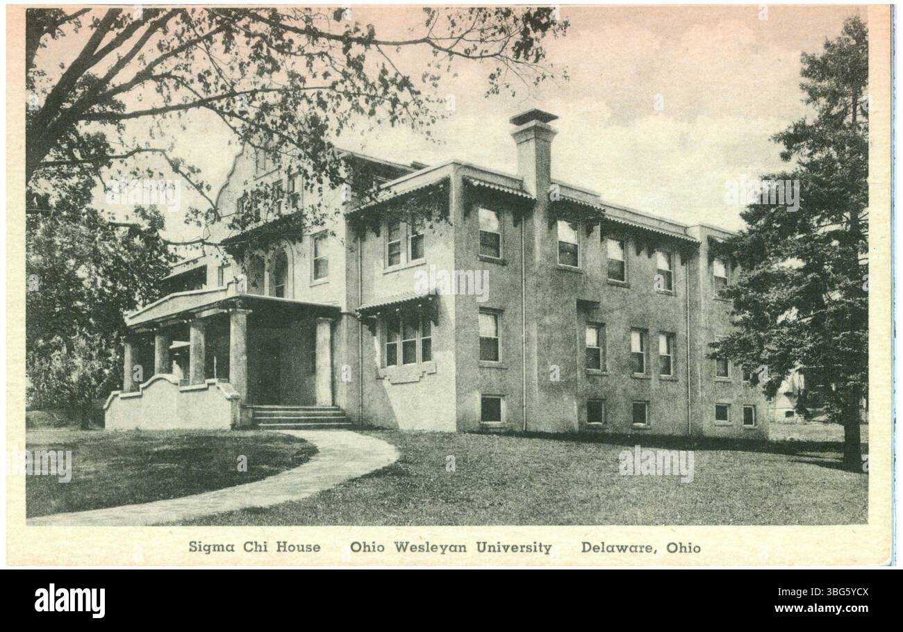 A black-and-white postcard showing the Sigma Chi House at Ohio Wesleyan ...