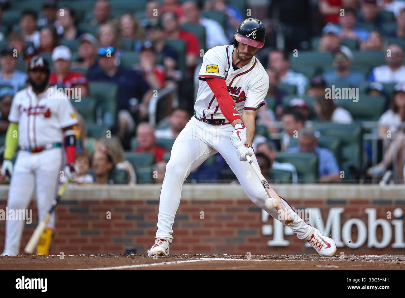 Atlanta Braves' Matt Olson hits an infield single in the fourth inning ...