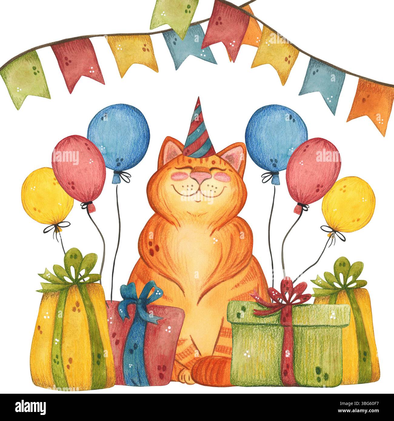 A ginger cat in a festive cap sits among gifts and garlands of flags ...