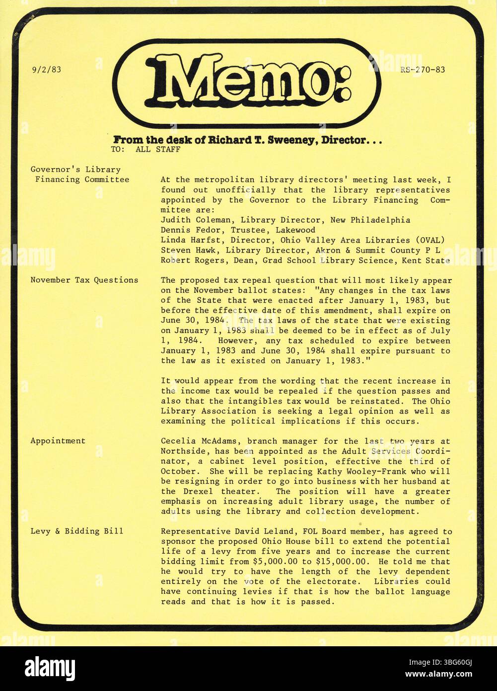 Memo, a newsletter written by Richard T. Sweeney, provides updates on ...