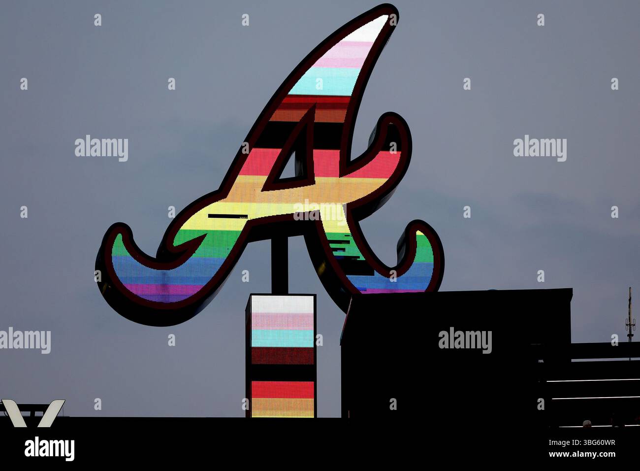 ATLANTA, GA - JUNE 03: The Braves "A" logo sign in right field was lit ...