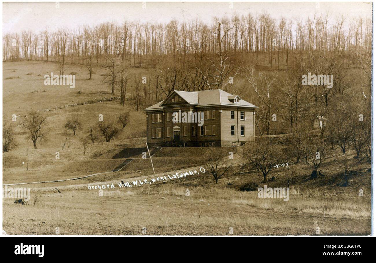 A 1908 view of Orchard Hall in West Lafayette, Ohio, showcasing the building’s exterior and ...