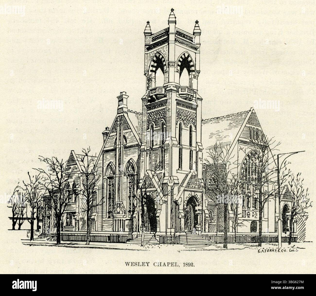 This 1892 sketch of Wesley Chapel shows the building's architectural ...
