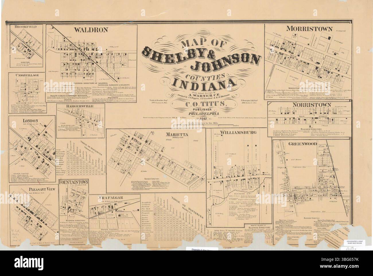 1867 cadastral map of Shelby and Johnson Counties, Indiana, created by ...