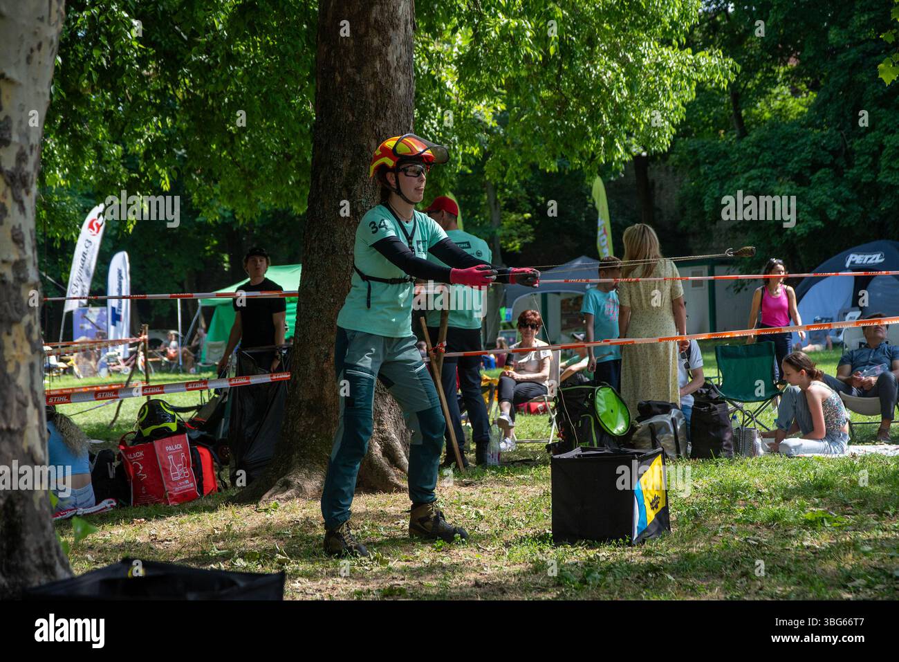 Tata, Hungary. 31st May, 2025. A female athlete completes her throwline ...