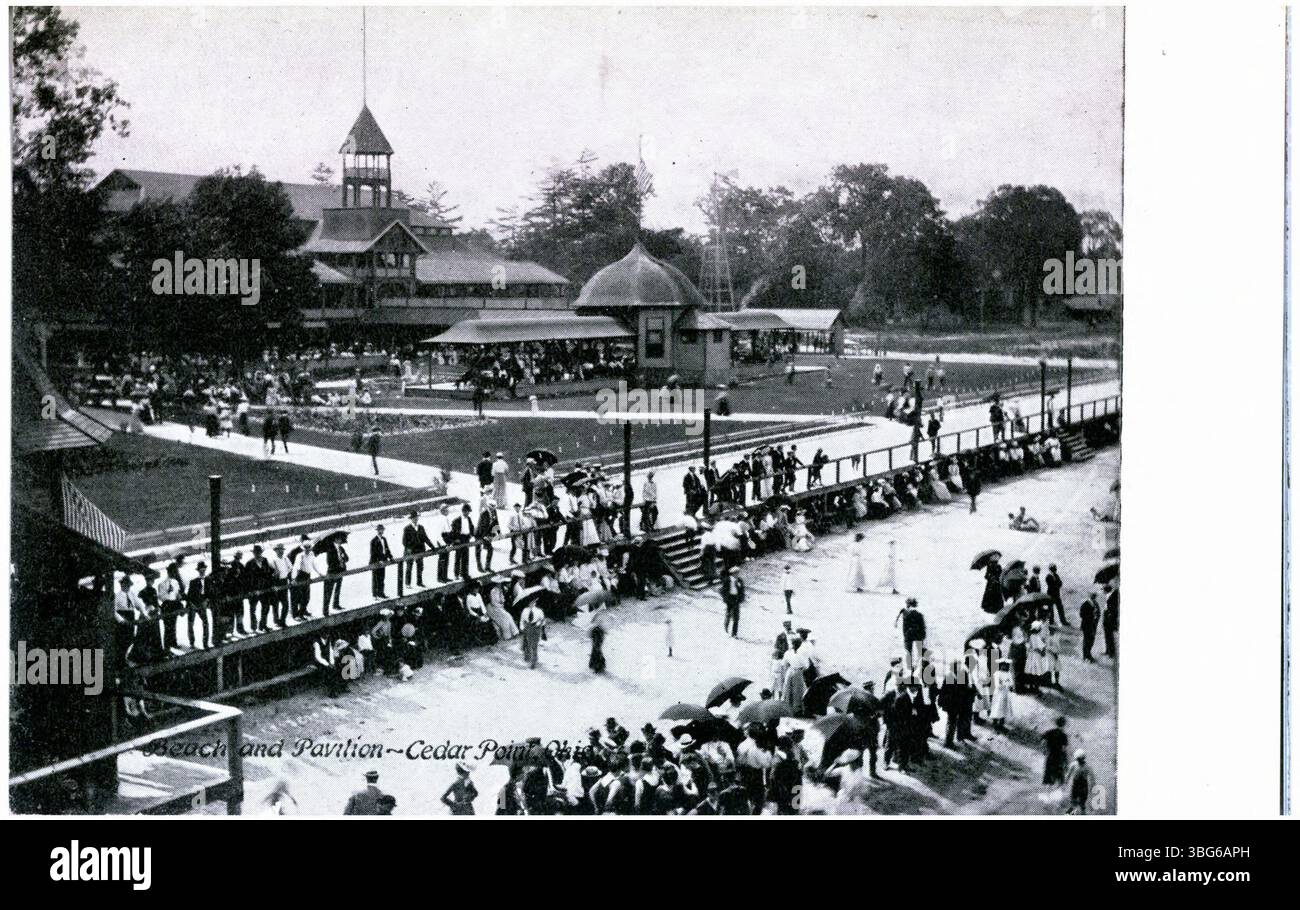 Cedar Point’s beach with a view of the Grand Pavilion and boardwalk ...