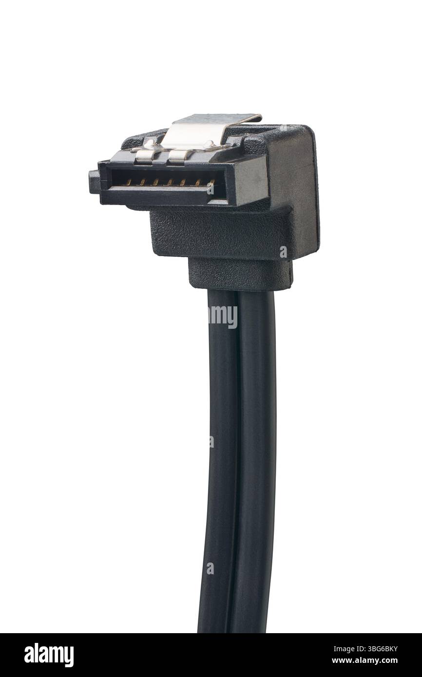 close-up of black SATA cable connector isolated white background, right ...
