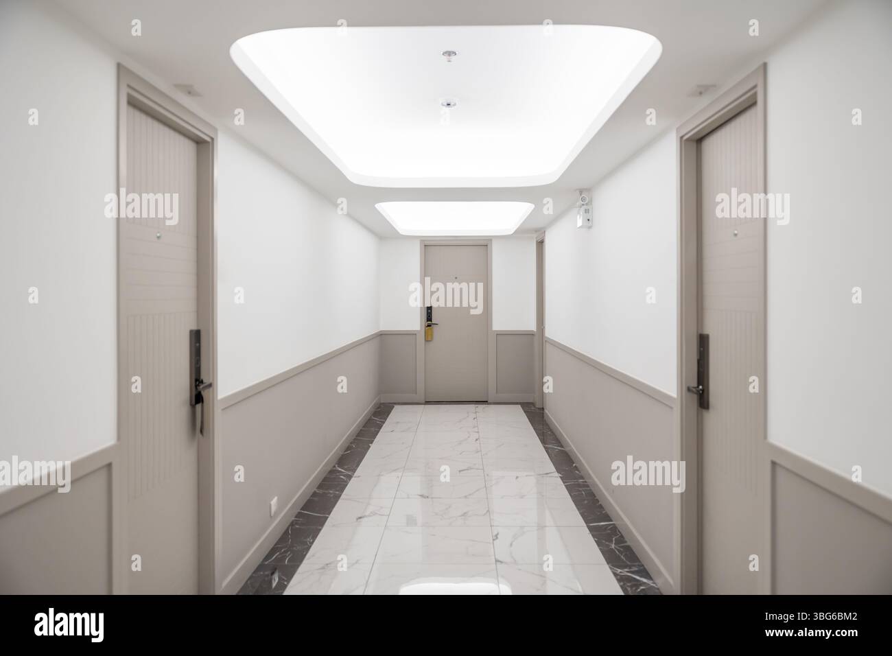 Hotel apartment hallway room door floor with modern lighting decoration ...