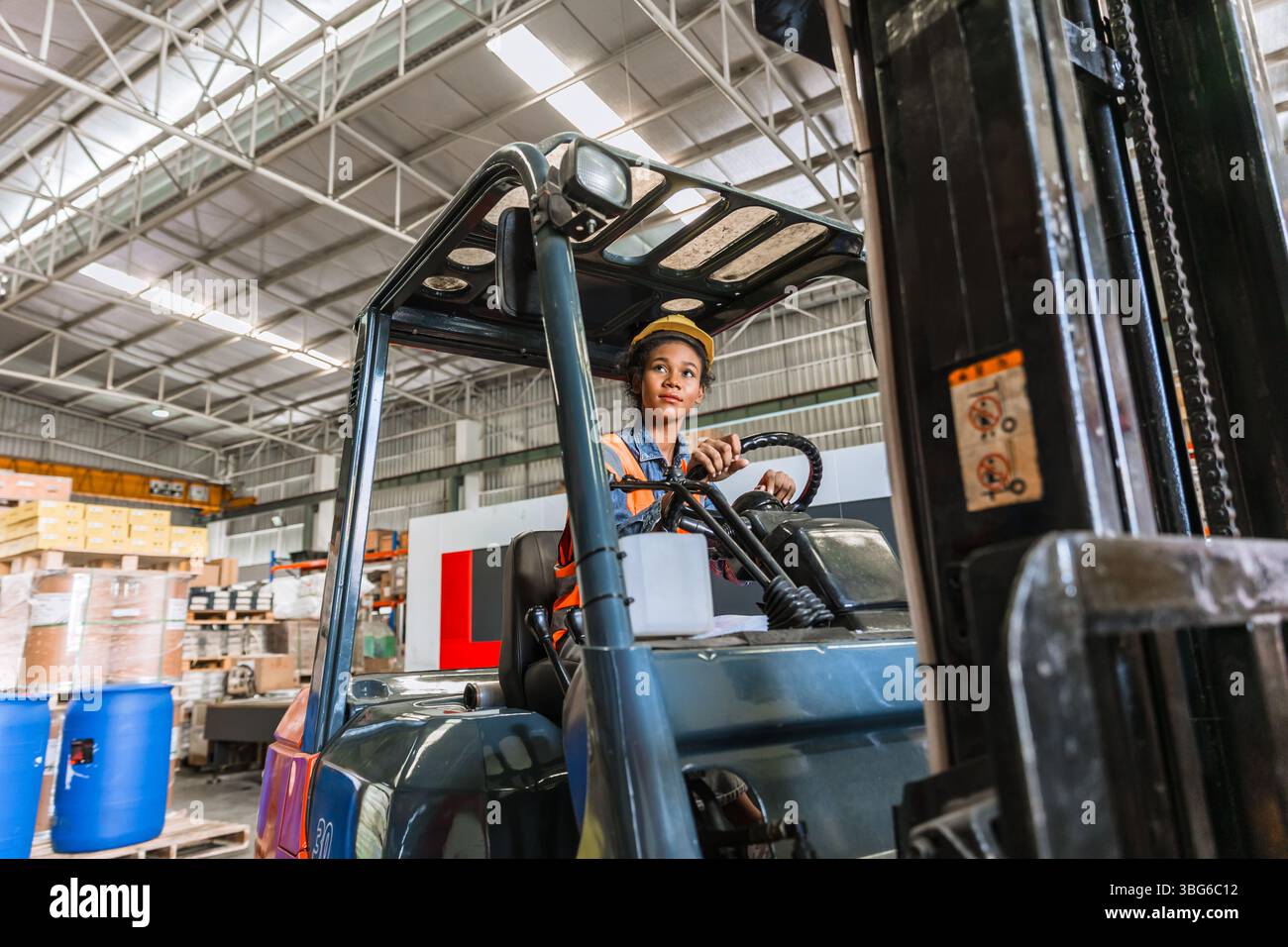 warehouse worker forklift driver happy smiling enjoy staff working ...