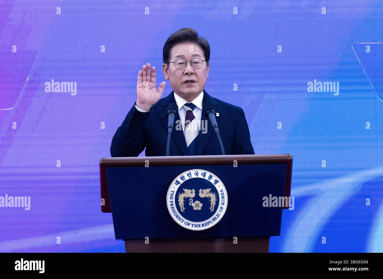 South Korean new President Lee Jae-Myung takes an oath during his inauguration ceremony at the ...