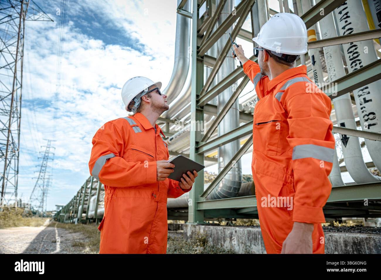 Petroleum refinery service worker, Oil and Gas outdoor transport pipes ...