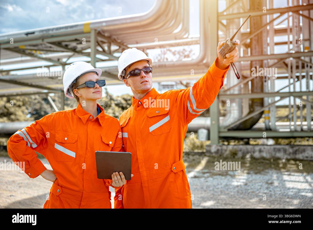 Petroleum refinery service worker, Oil and Gas outdoor transport pipes ...