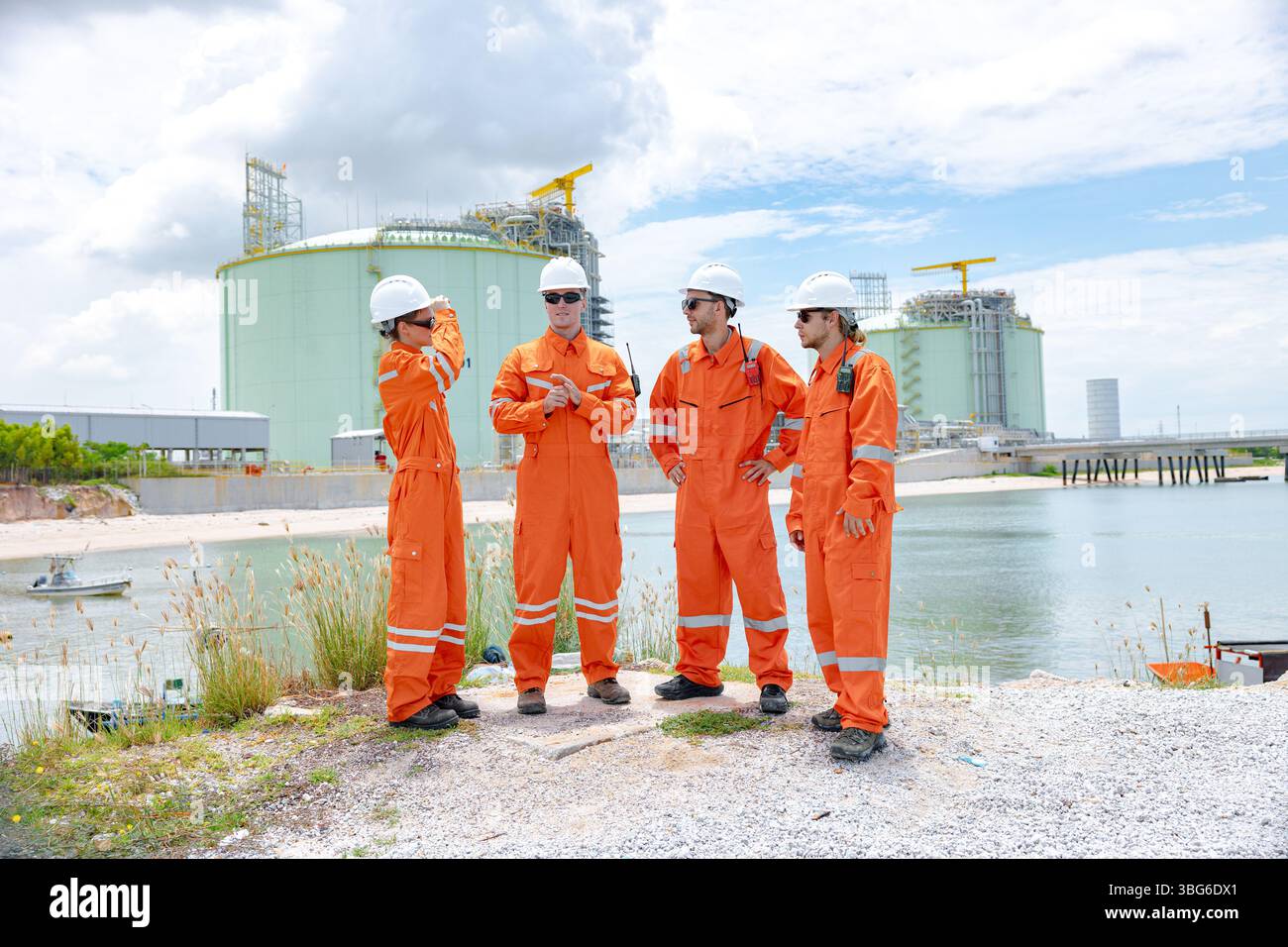 Group of Professional Petroleum workers, Containment LNG tank service inspection, Onshore Gas ...