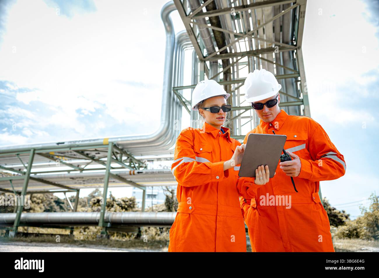 Petroleum refinery service worker, Oil and Gas outdoor transport pipes ...