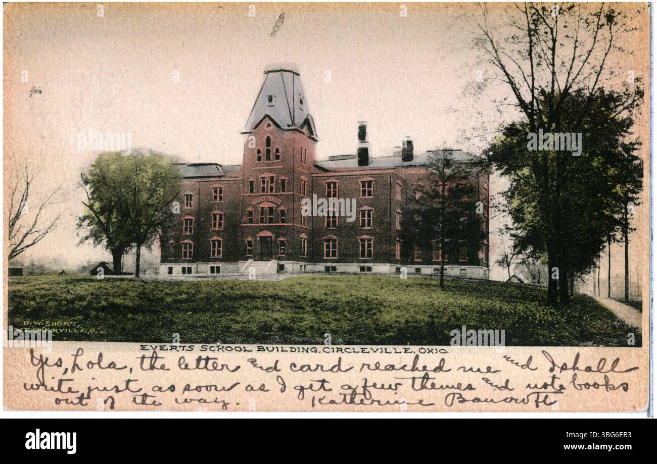 A 1905 colorized postcard of the Everts School Building in Circleville ...