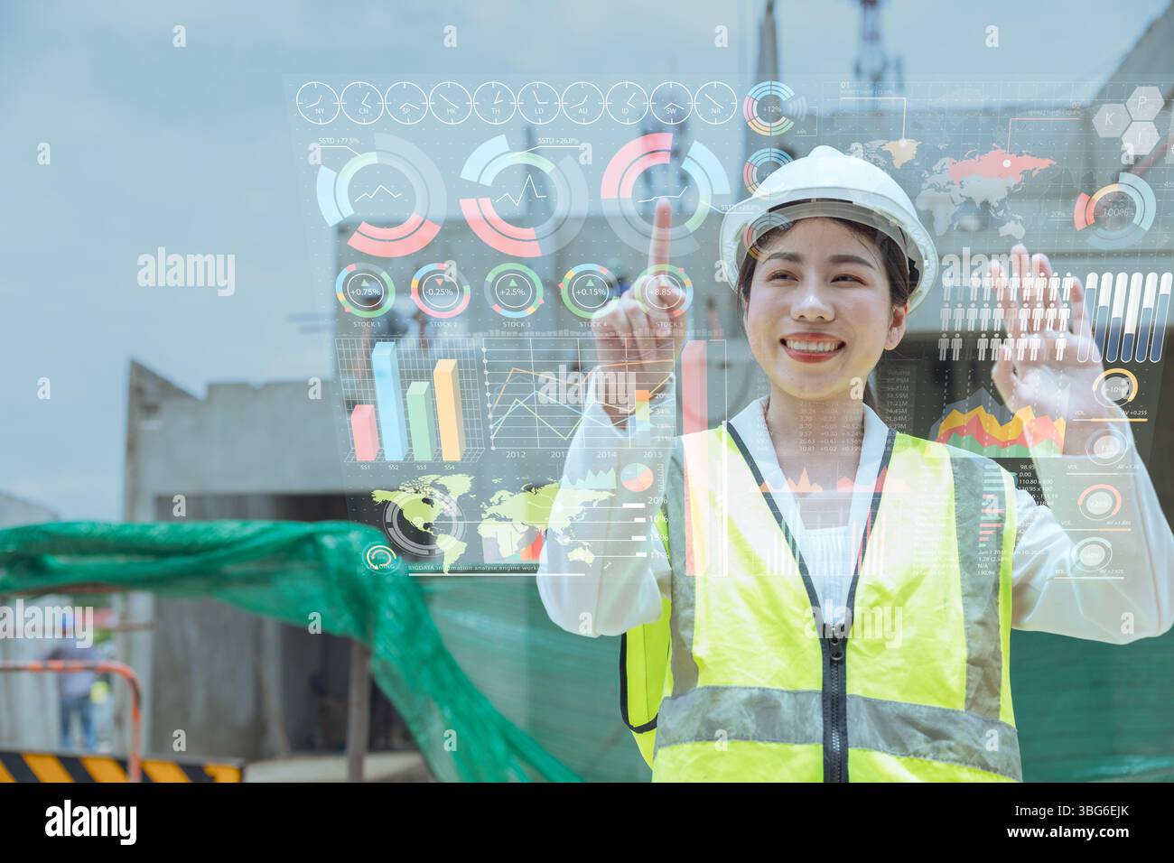 Happy construction engineer women overlay with modern infographic graph ...