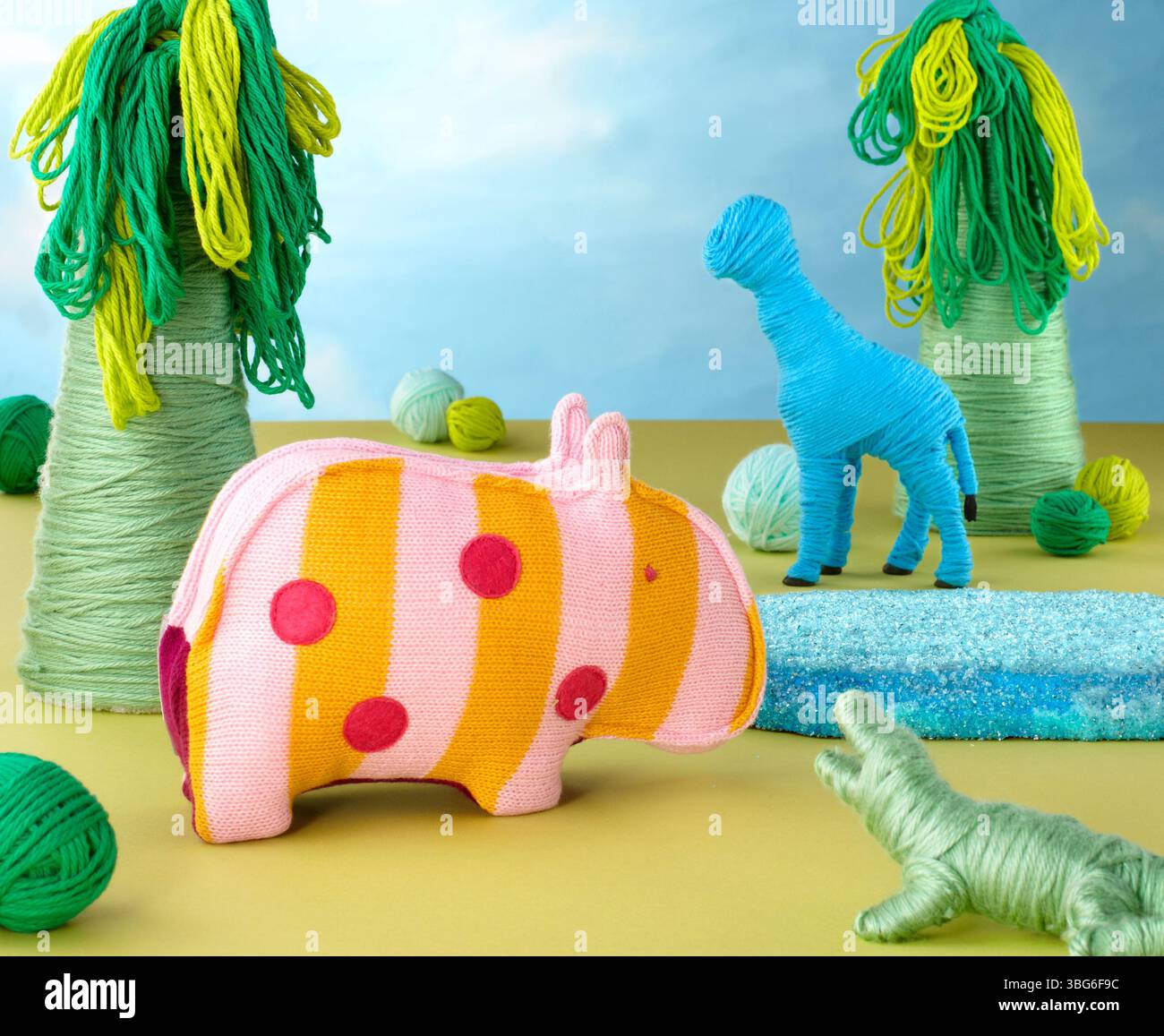 Handmade yarn animals and trees in a playful diorama setup Stock Photo ...
