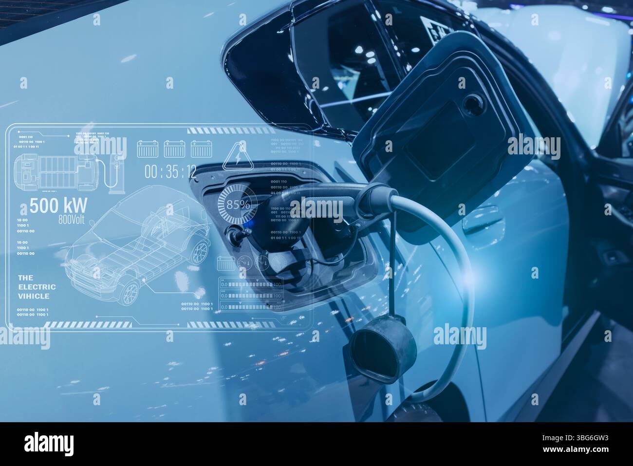 Closeup high voltage electric car charging, Futuristic EV car overlay ...