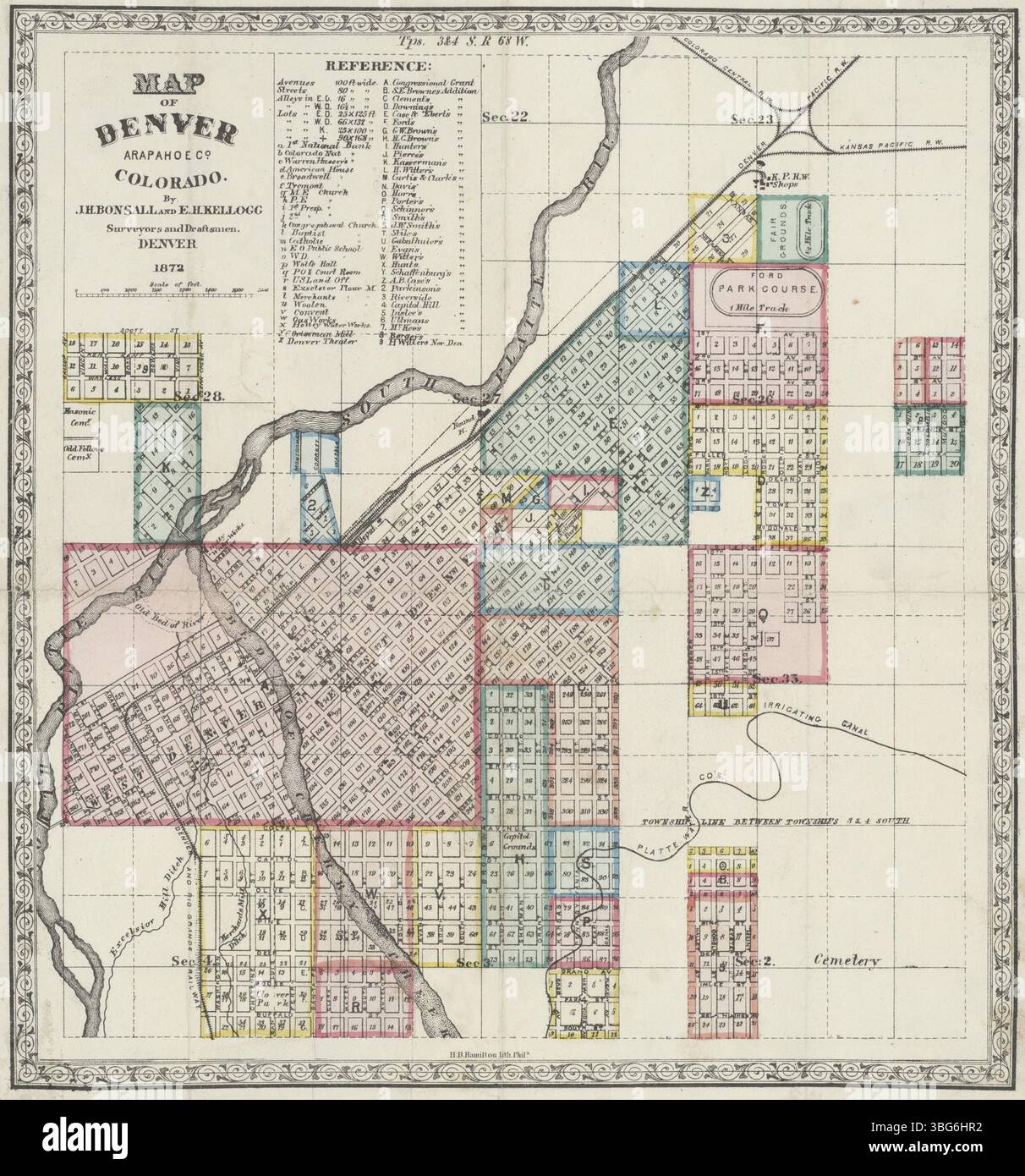 This map of Denver, created by J.H. Bonsall, illustrates the city of ...