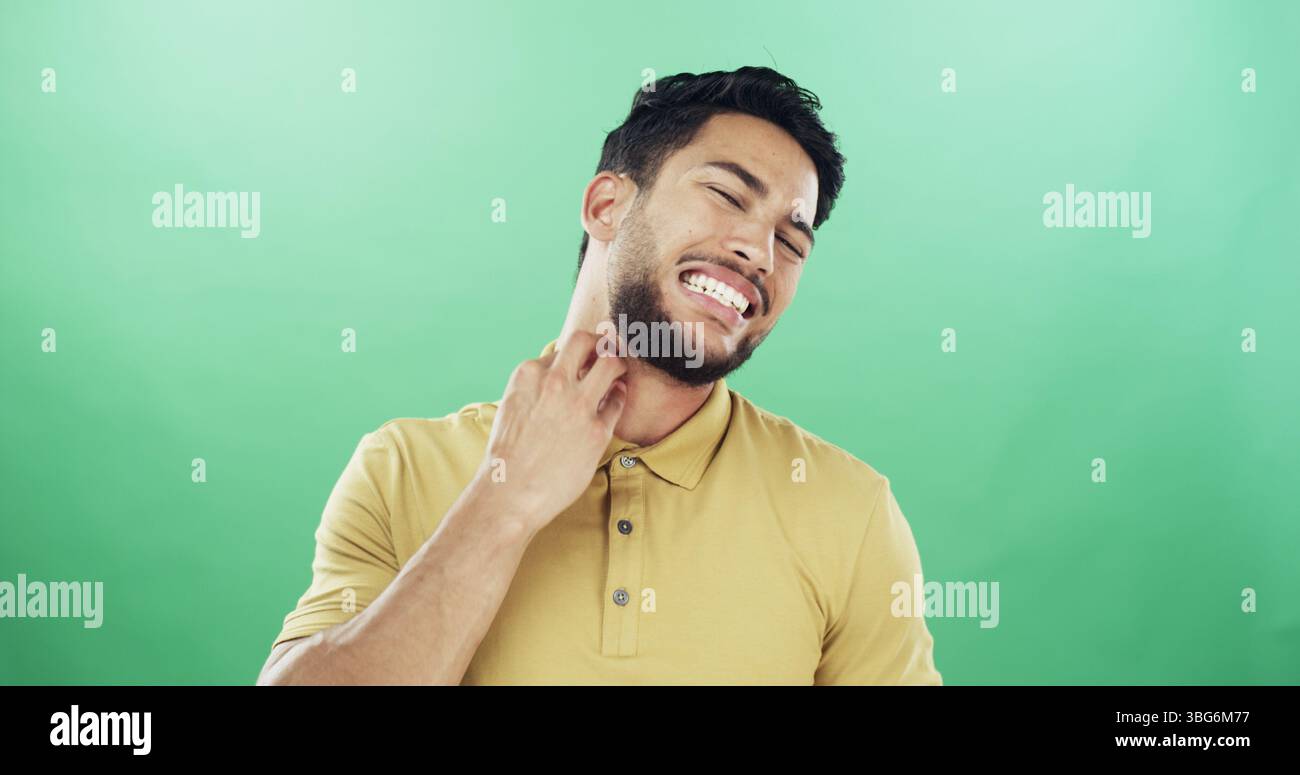 Dermatitis, neck and scratch with man on green background for allergic ...