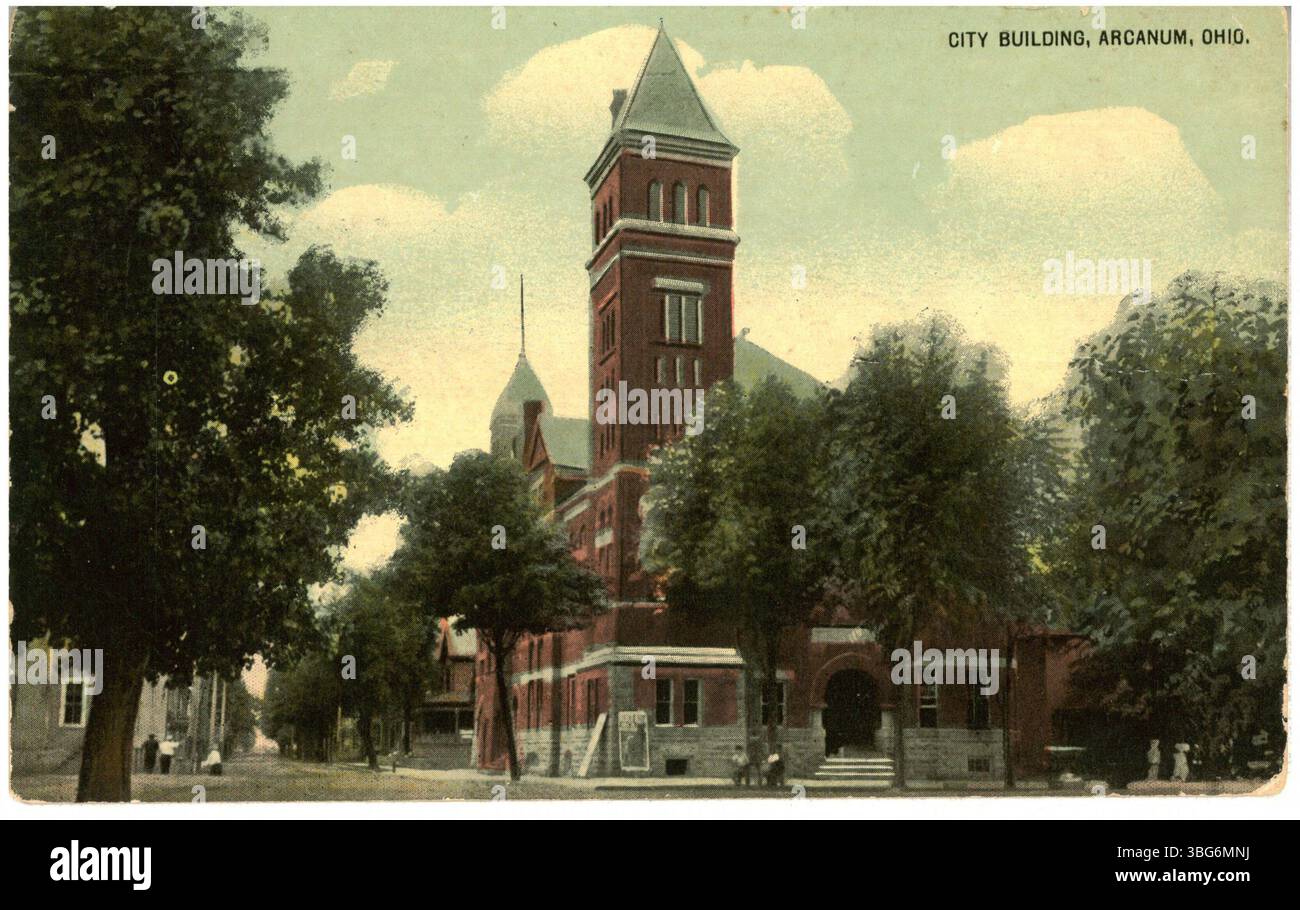 This 1914 image shows the red brick City Building in Arcanum, Ohio, a ...