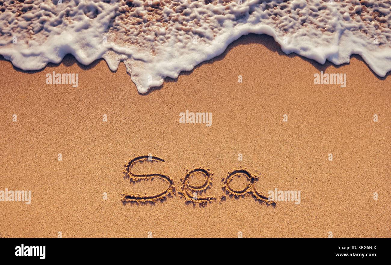 Sea handwritten text on the beach sand of tropical island coast and ...