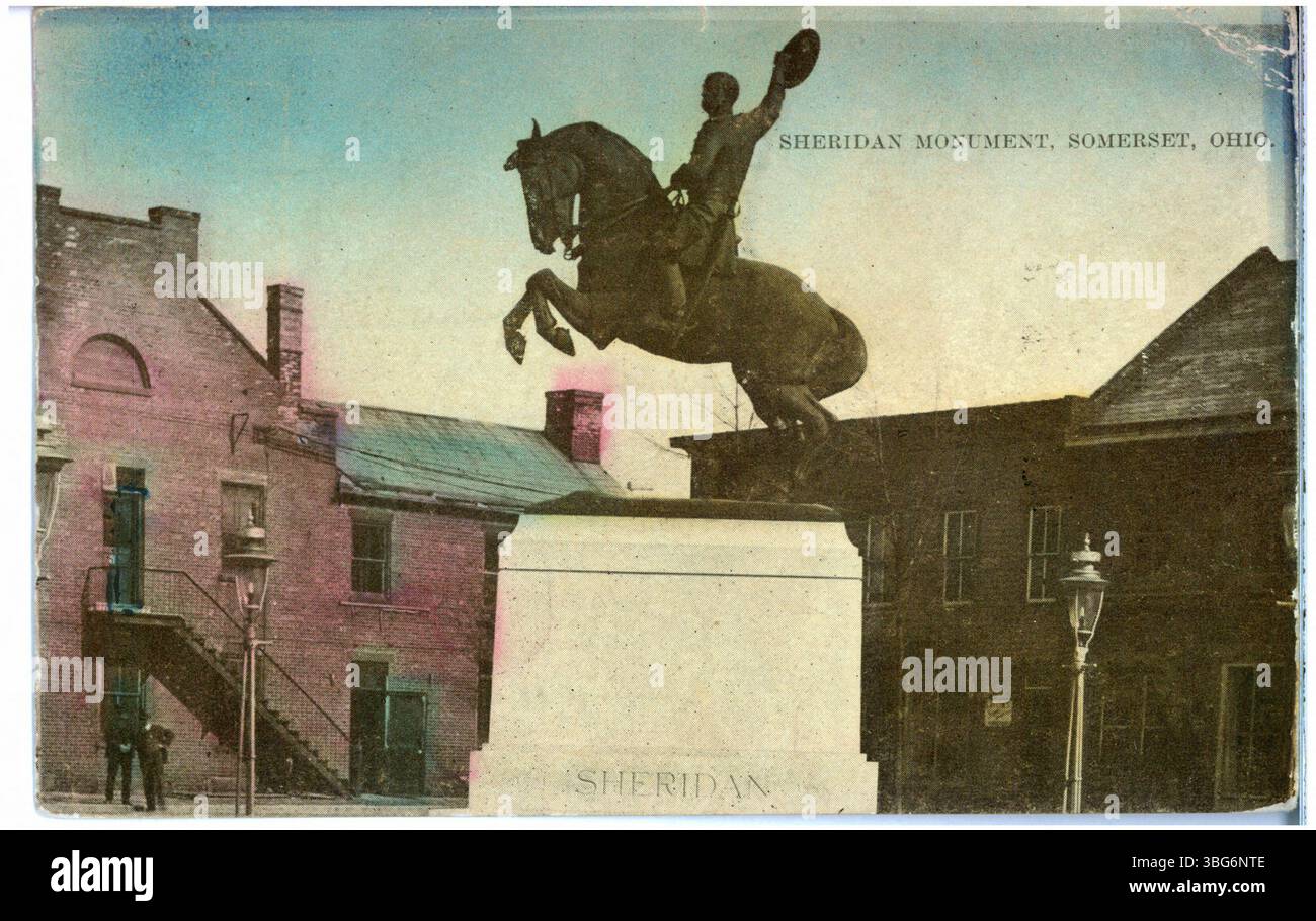 This 1910 photograph shows the Sheridan Monument located in the center ...