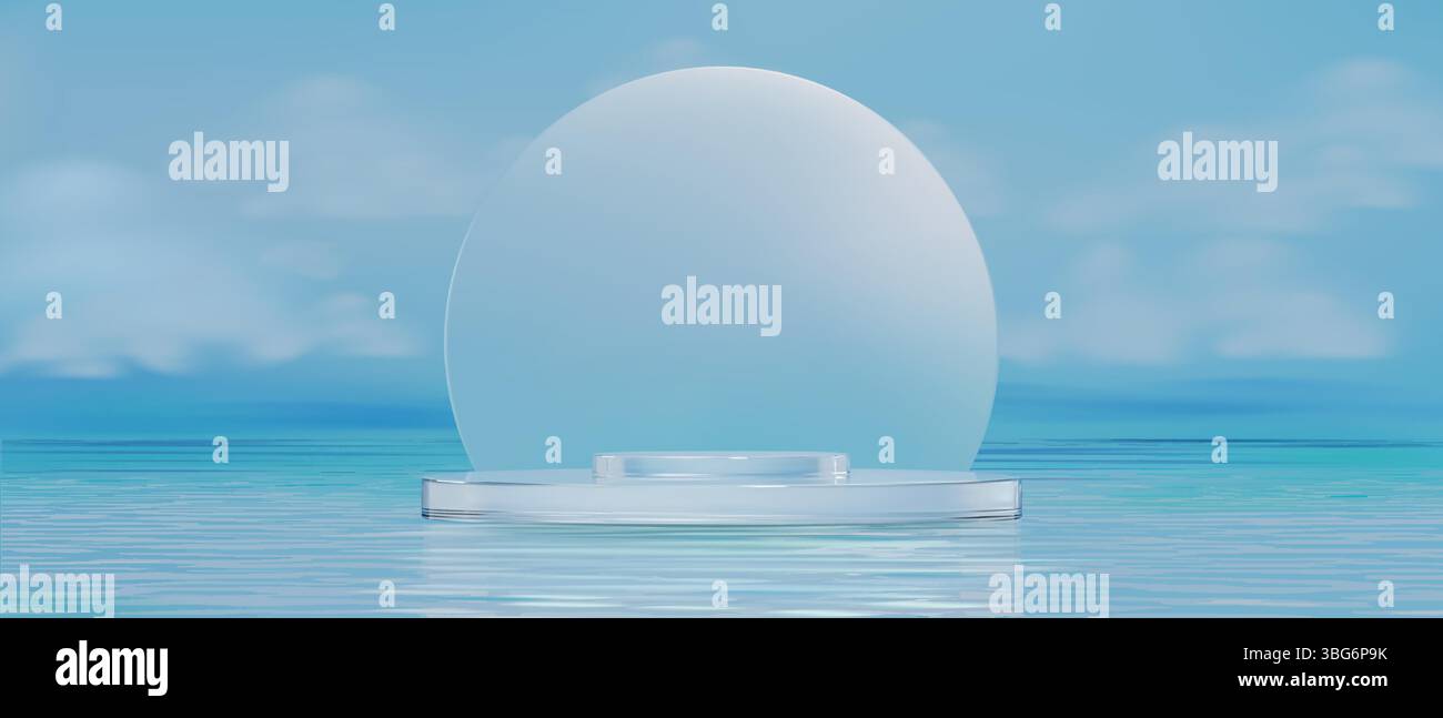 Glass podium display on water with transparent circular platform ...