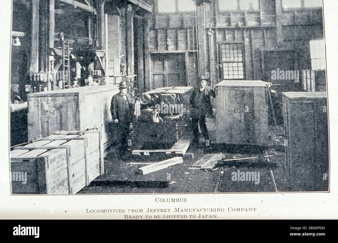 This interior photograph from 1919 shows electric mine locomotives at ...