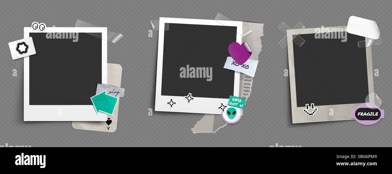 Set of retro photo frames and scrapbook layout in y2k or 90s style ...