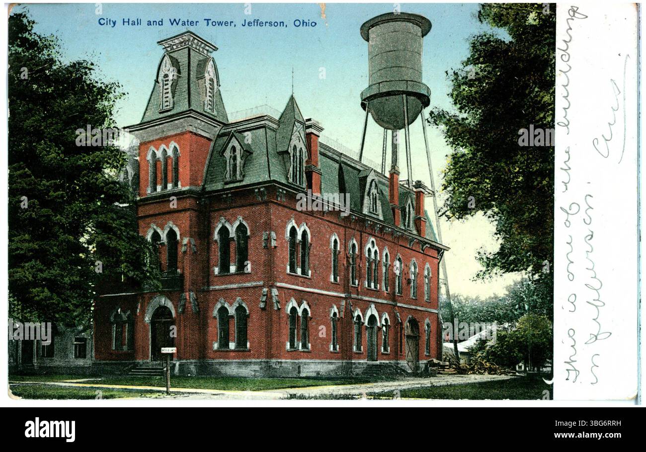 This image shows the City Hall and Water Tower in Jefferson, Ohio ...