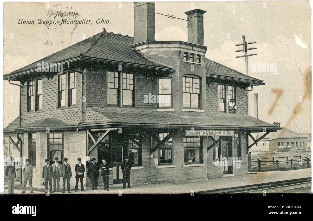 A black and white postcard featuring the Union Depot in Montpelier ...
