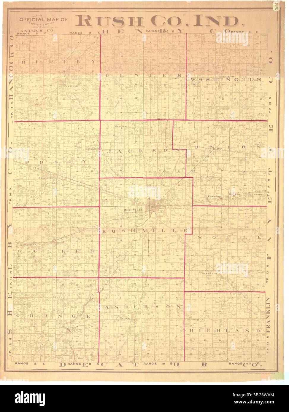 This 1919 official map of Rush County, Indiana, details property ...