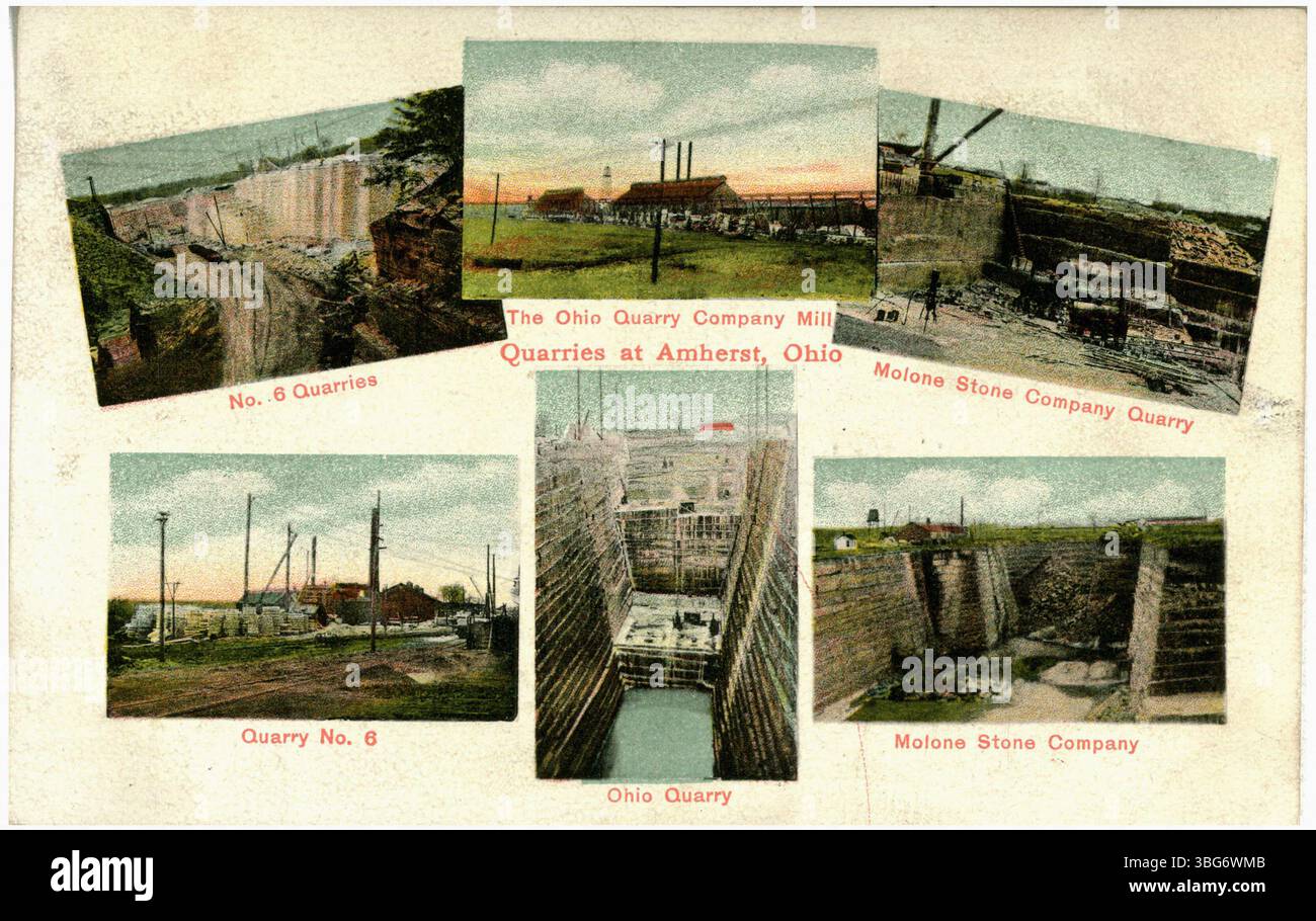 A color postcard showing six views of quarries in Amherst, Ohio. The ...